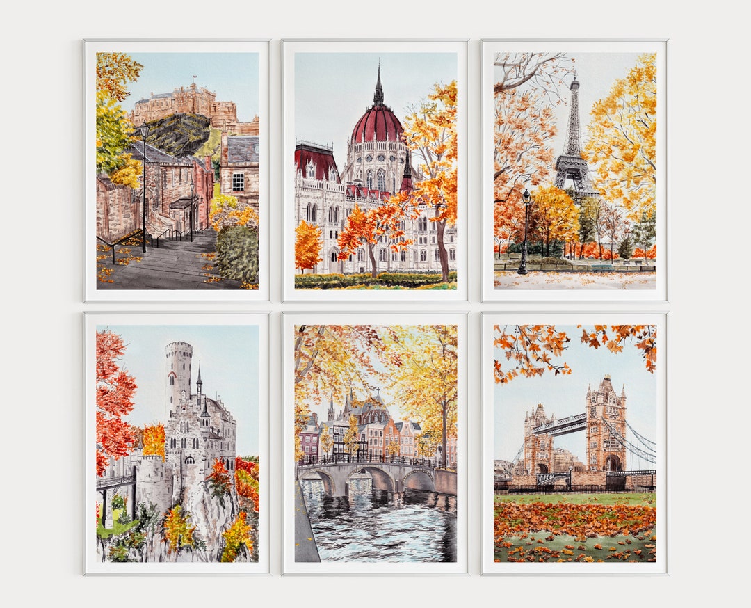 European Fall Set of 6 Watercolor Prints, Europe Art, Gallery Wall Set ...