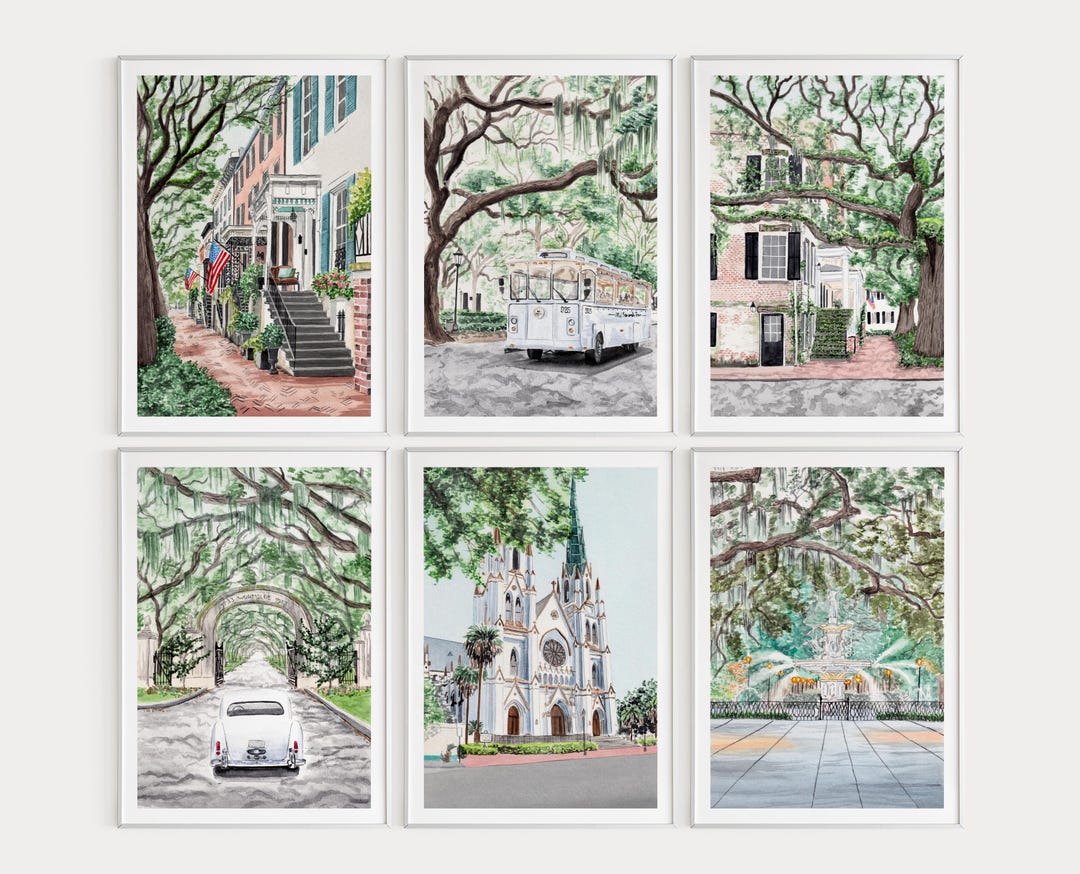 Savannah Wall Art Set of 6: Watercolor Prints, Savannah Georgia ...