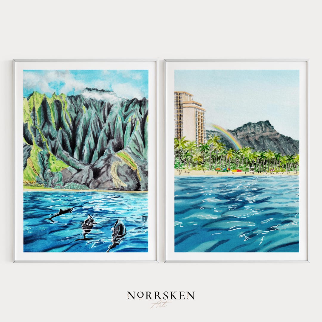 Hawaii Set of 2 Art Prints, Tropical Wall Art, Watercolor Painting ...