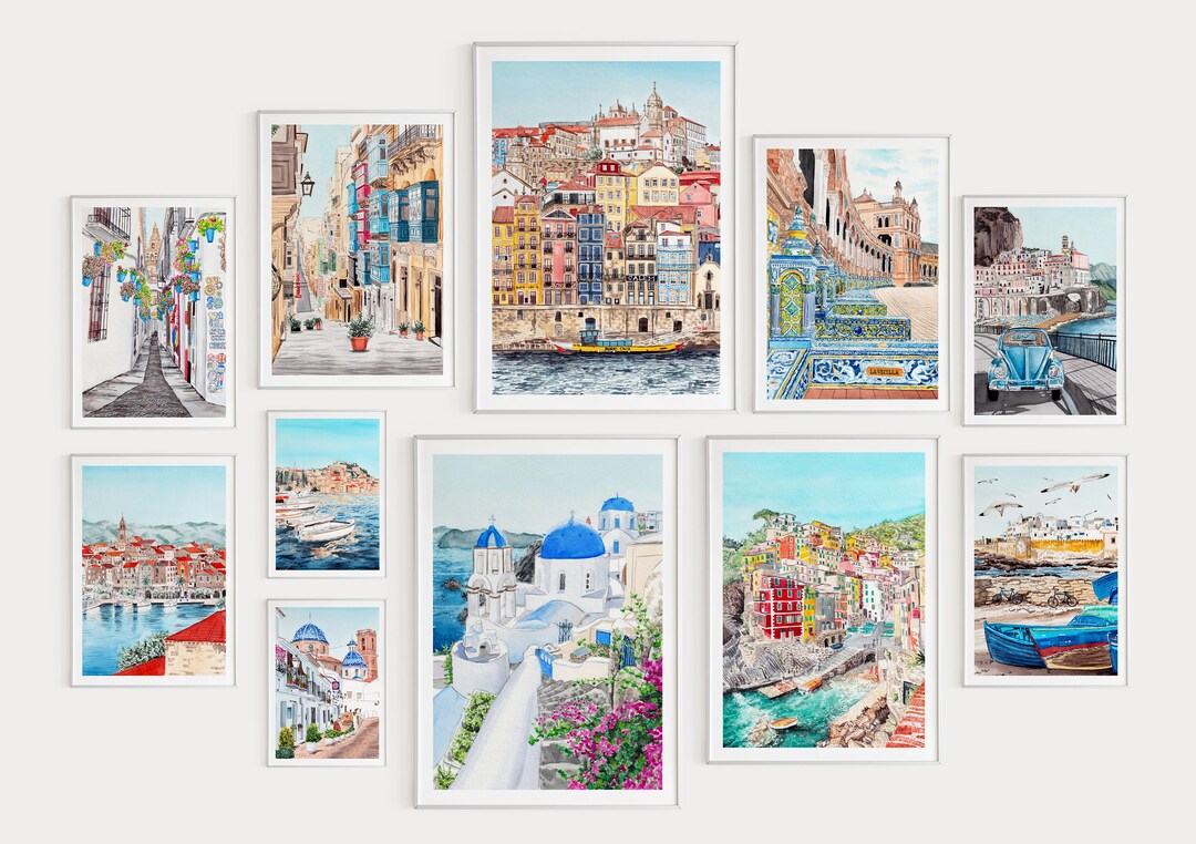 Mediterranean Set of 20 Watercolor Prints, Gallery Wall Set, Coastal ...