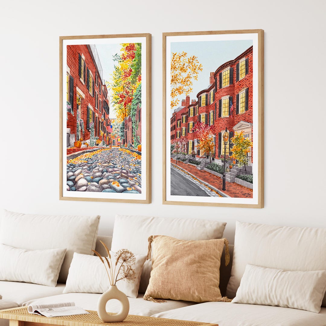 Boston MA Watercolor Prints Set: Beacon Hill Fall Wall Art, Boston ...