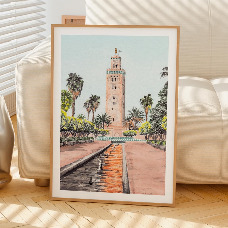 Marrakesh Watercolor Print, Morocco Wall Art, Koutoubia Mosque Landmark ...