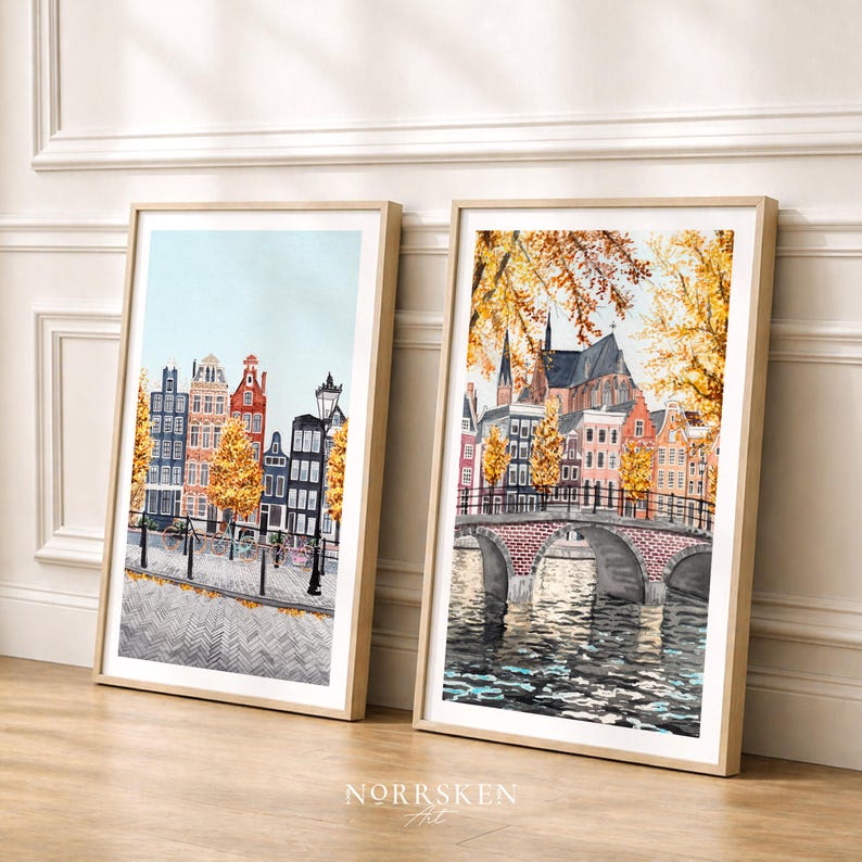 Amsterdam Watercolor Wall Art Prints, Dutch Cityscape Painting ...