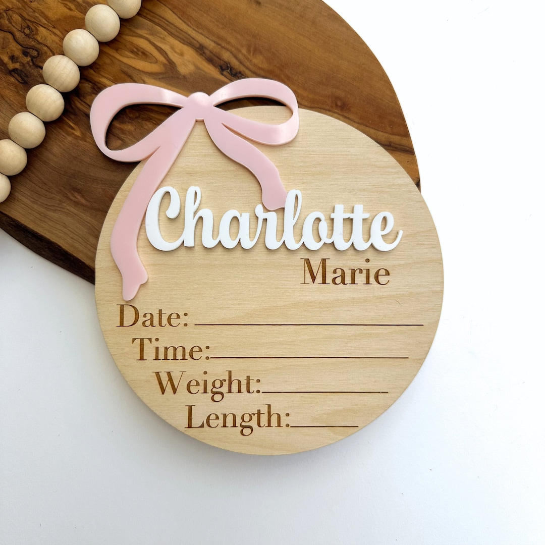 Baby Girl Birth Announcement Sign: Personalized Bow Birth Stat Keepsake ...