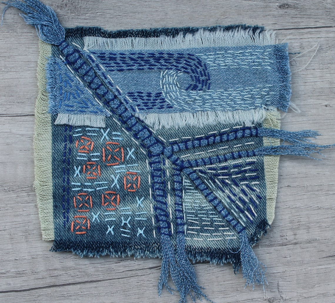 Indigo Blue Denim Boro Patch Visible Mending Sashiko Stitching Upcycled ...