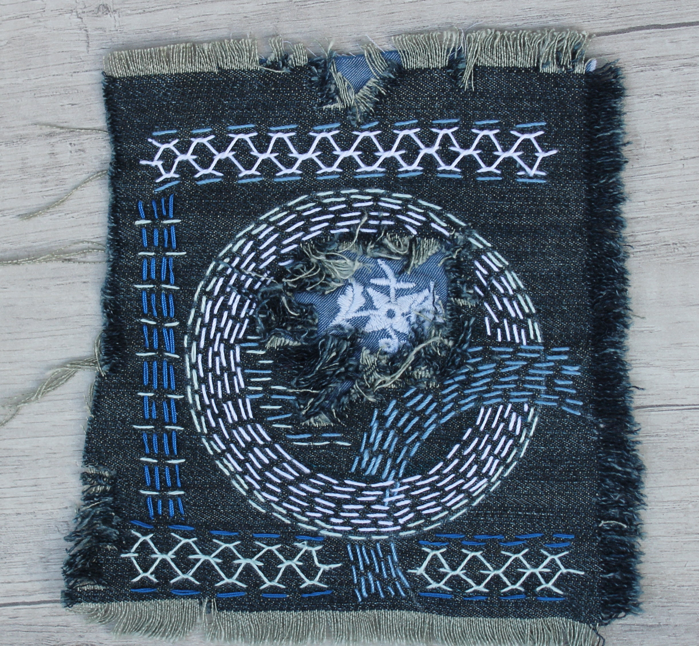 Indigo Blue Denim Boro Patch Sashiko Stitching Upcycled Quilt Visible ...