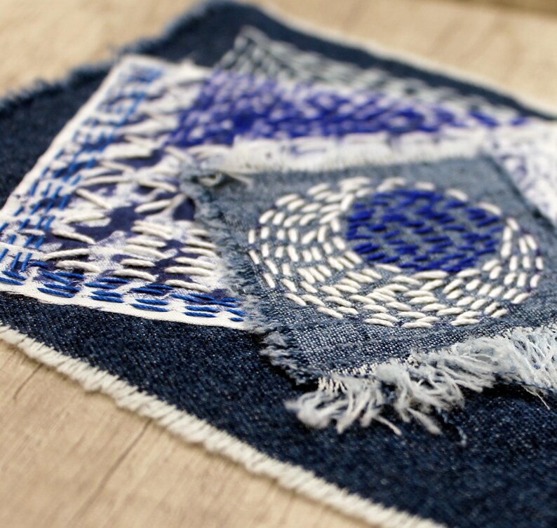 Indigo Blue Denim Boro Patch Visible Mending Sashiko Stitching Upcycled ...