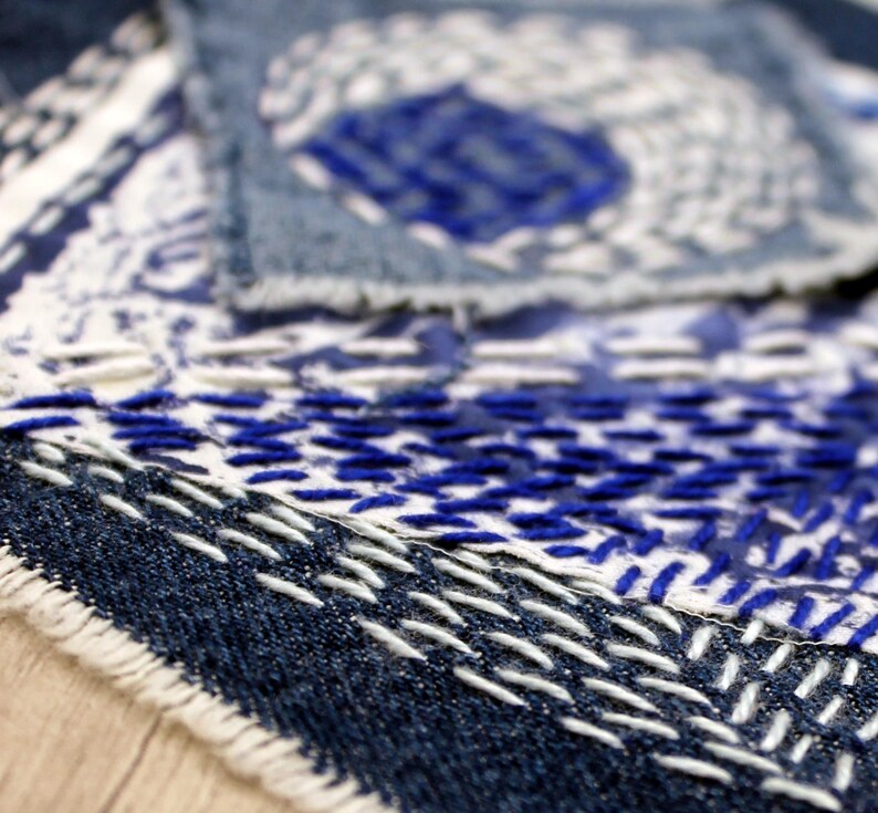 Indigo Blue Denim Boro Patch Visible Mending Sashiko Stitching Upcycled ...