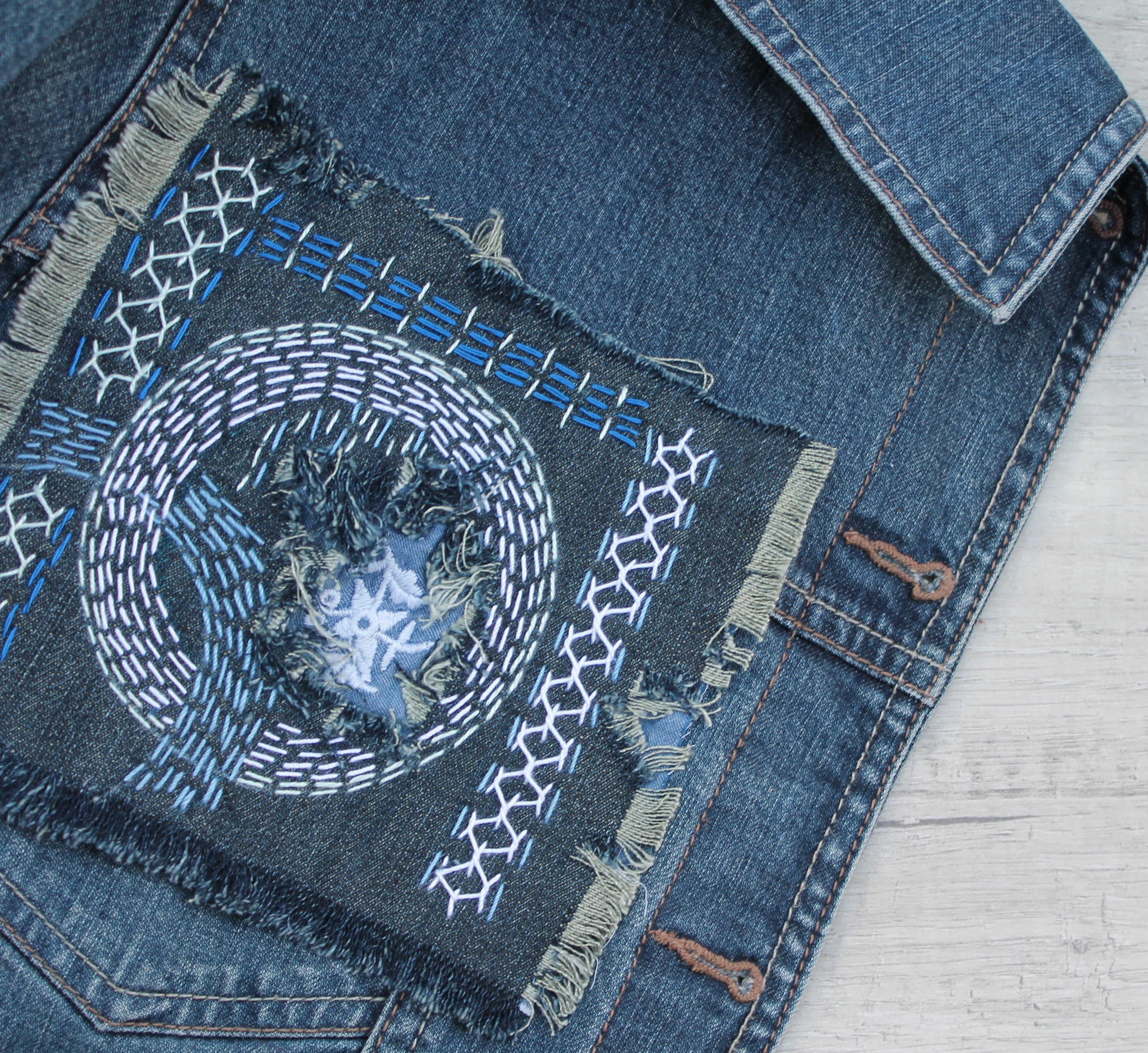 Indigo Blue Denim Boro Patch Sashiko Stitching Upcycled Quilt Visible ...