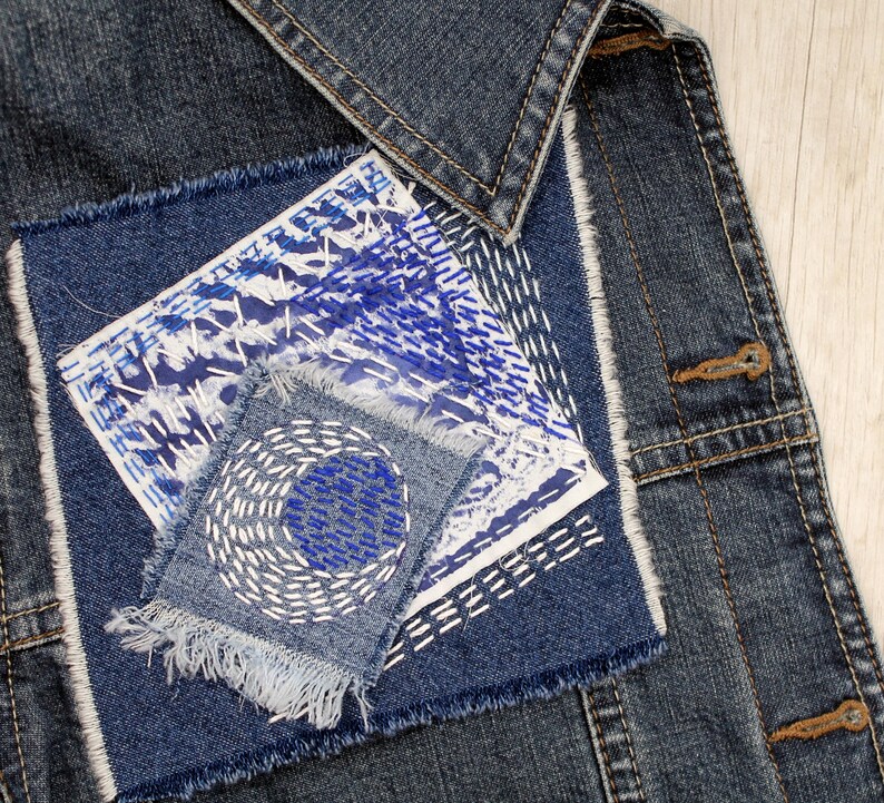 Indigo Blue Denim Boro Patch Visible Mending Sashiko Stitching Upcycled ...