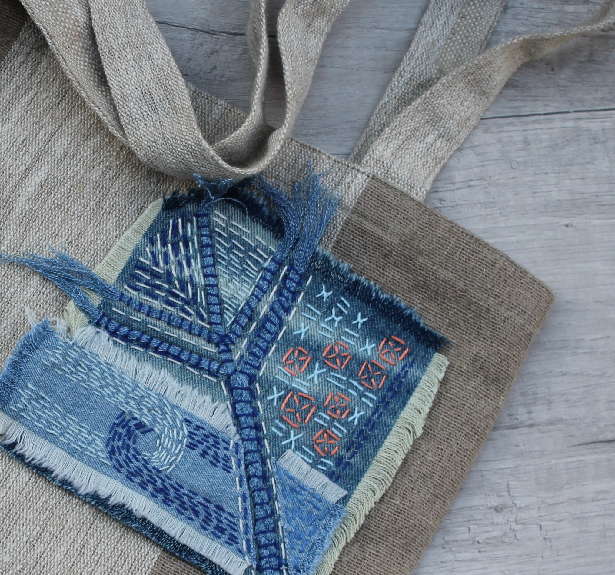 Indigo Blue Denim Boro Patch Visible Mending Sashiko Stitching Upcycled ...