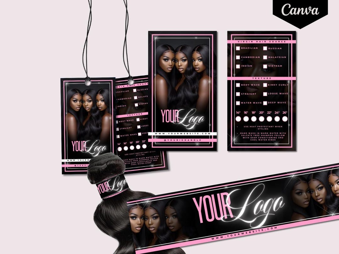 Hair Branding Mockup Set: DIY Hang Tag & Bundle Wrap (canva Template ...