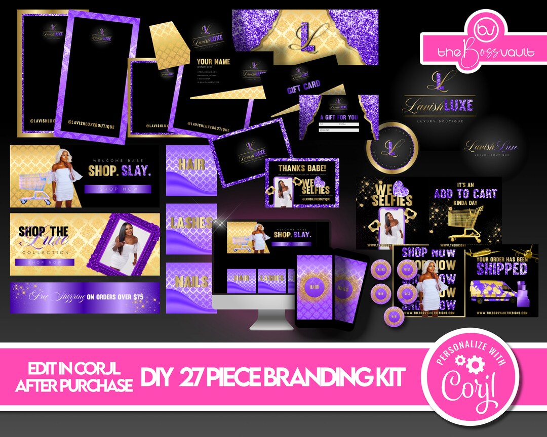 DIY Purple and Gold Branding Kit, Editable Logo Kit, Hair Brand Kit ...