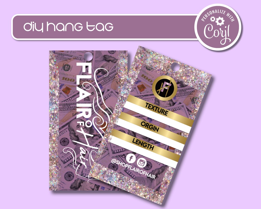 DIY Hair Hang Tag Template, Hair Marker Tag Purple Glitter Gold ...