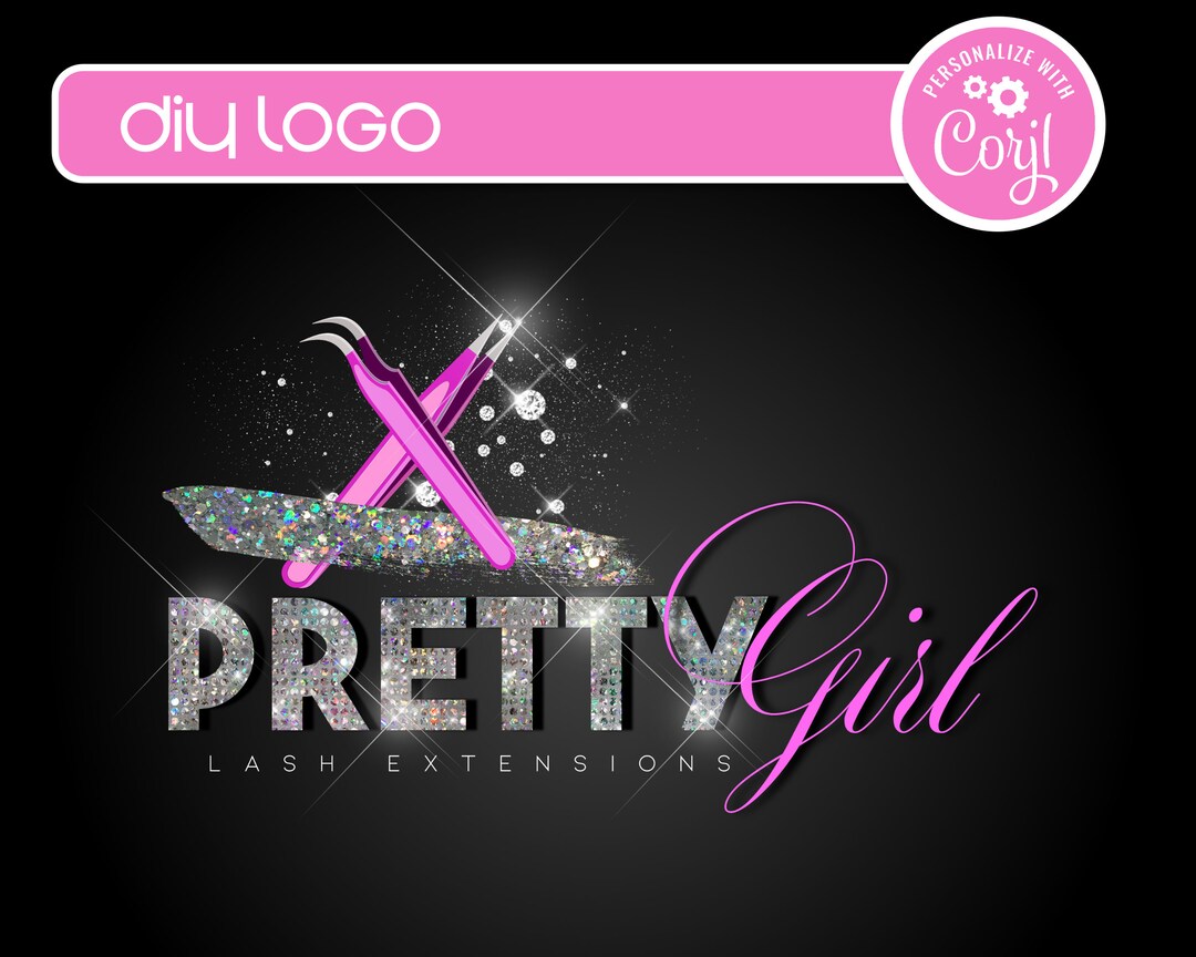 DIY Lash Extension Logo, Editable Customizable Silver Glitter Pink Lash ...