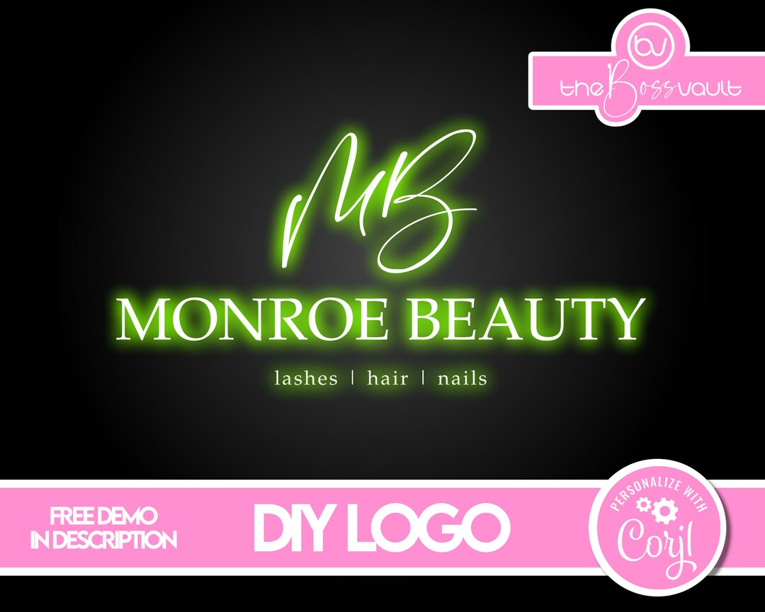 DIY Neon Green Initial Logo Design, Glowing Logo Design Template, Nail ...