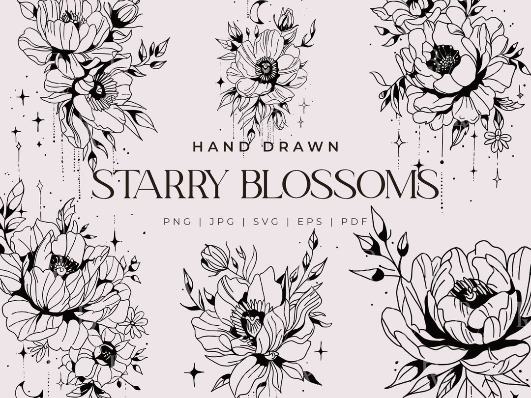 Hand Drawn Starry Blossoms Clipart, Peony SVG, Celestial Flowers ...