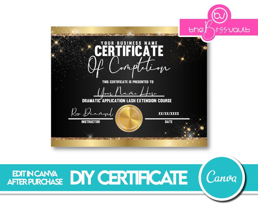 DIY Certificate of Completion Template, Editable Black and Gold Lash ...