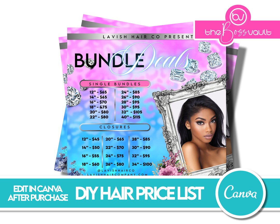 DIY Hair Bundle Price List Template, Instant Download Blue and Pink ...