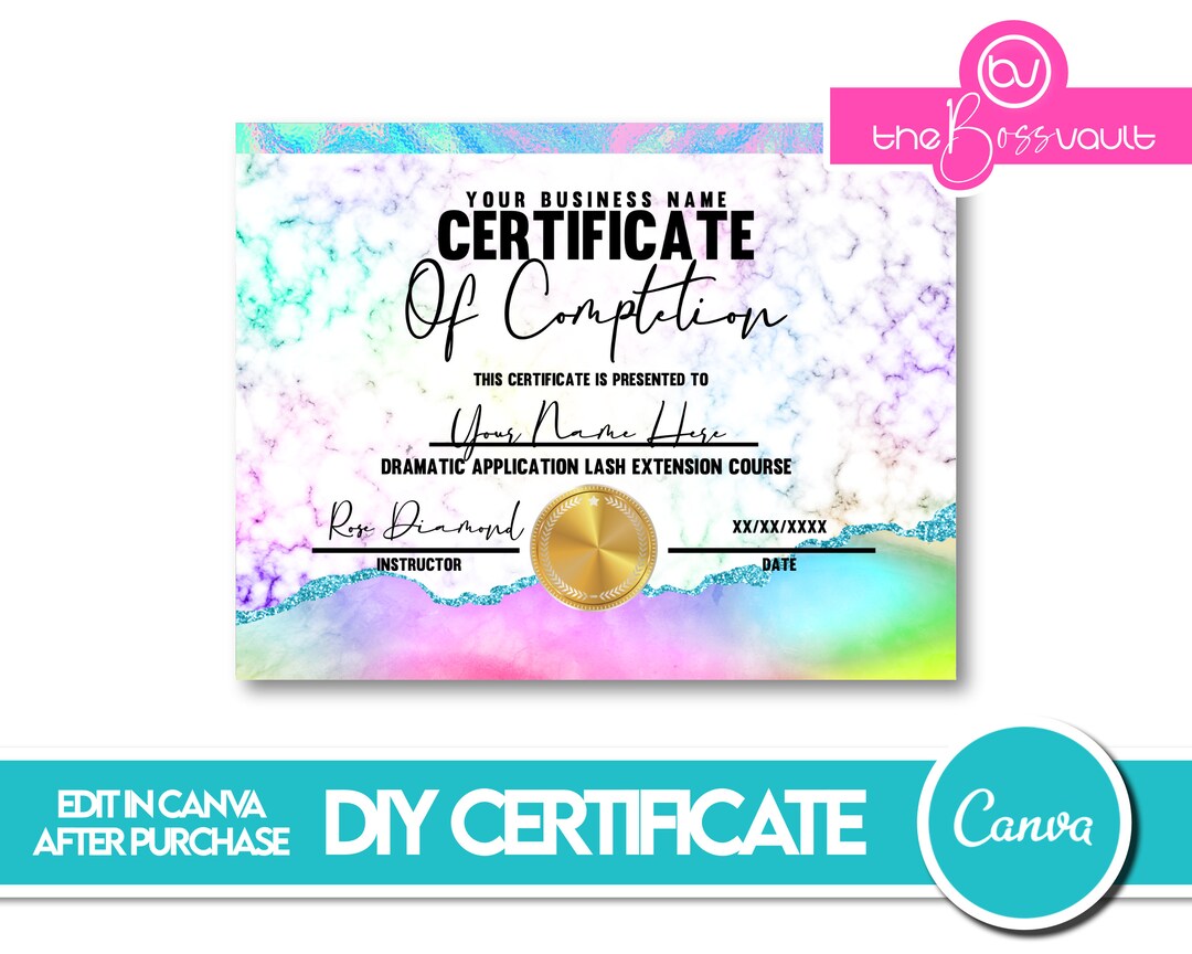 DIY Certificate of Completion Template, Editable Rainbow Marble Lash ...