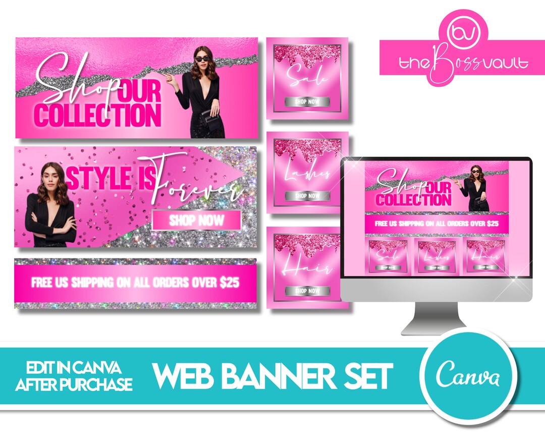 DIY Pink Glitter Web Banner Set, Web Kit for Boutique Website, Web ...