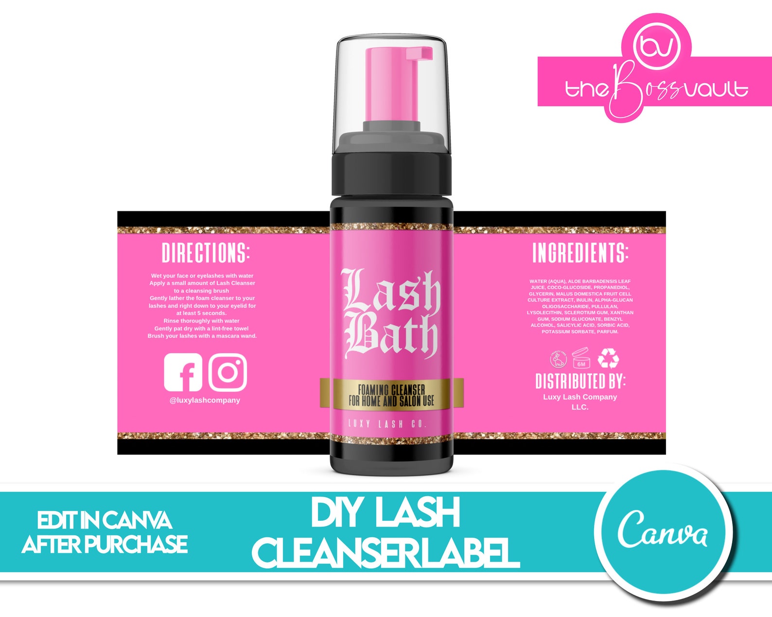 DIY Pink Lash Shampoo Label Template, Editable Lash Bath Label Sticker ...