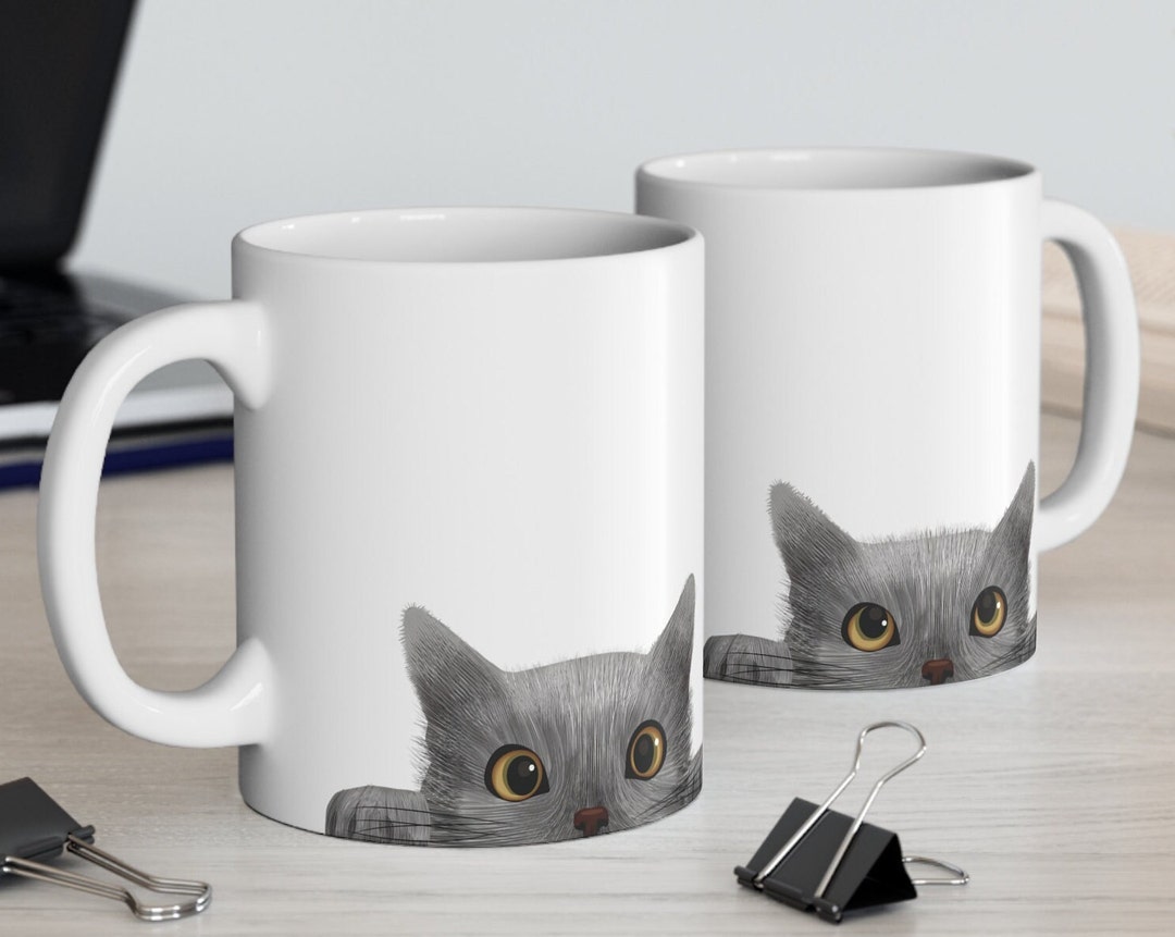 Grey Cat Peeking Over Mug, Cute Grey Cats Peeking Over Edge Mug, Two ...