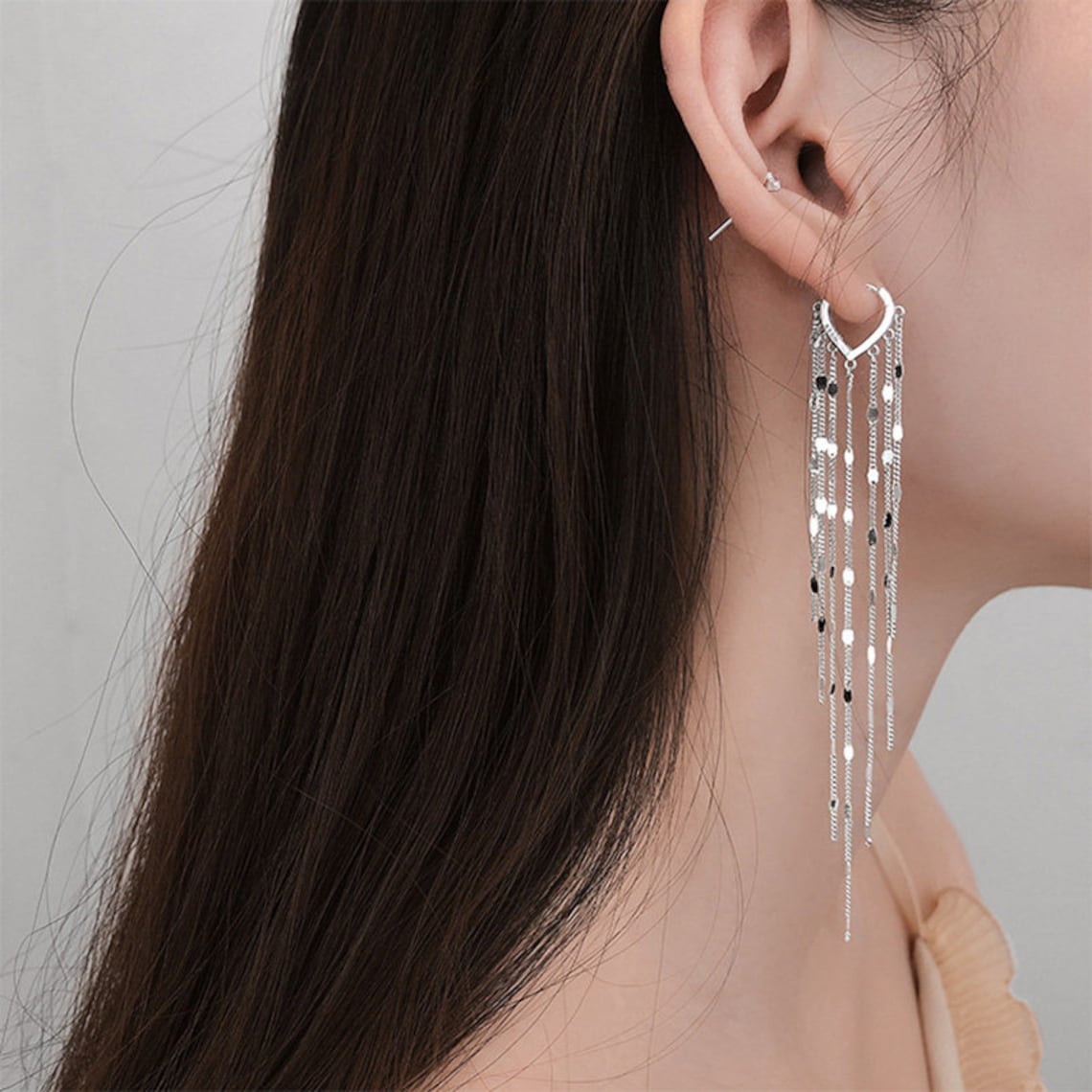 925 Sterling Silver Light Luxury Long Tassel Hoop Earrings Etsy