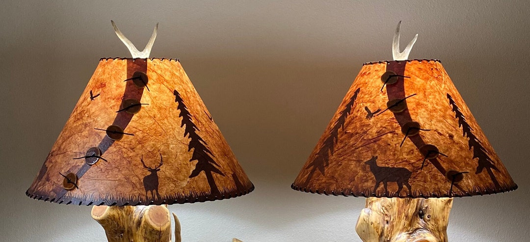Rustic Cabin Wildlife Elk Scene 21" Lampshade Set With Wooden Buttons ...