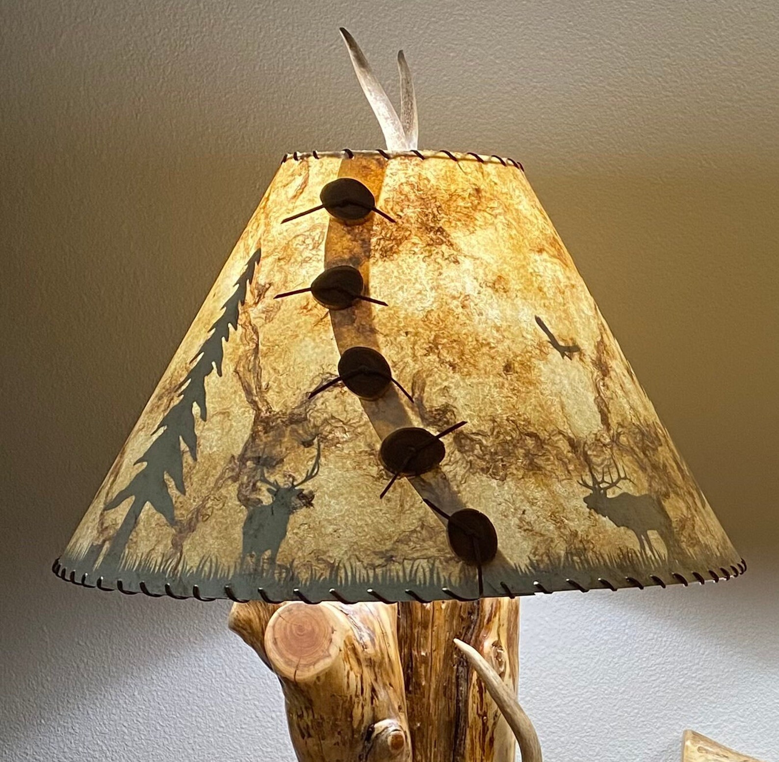 Rustic Cabin Wildlife Deer/elk Scene 21' Lampshade With Wooden Buttons ...