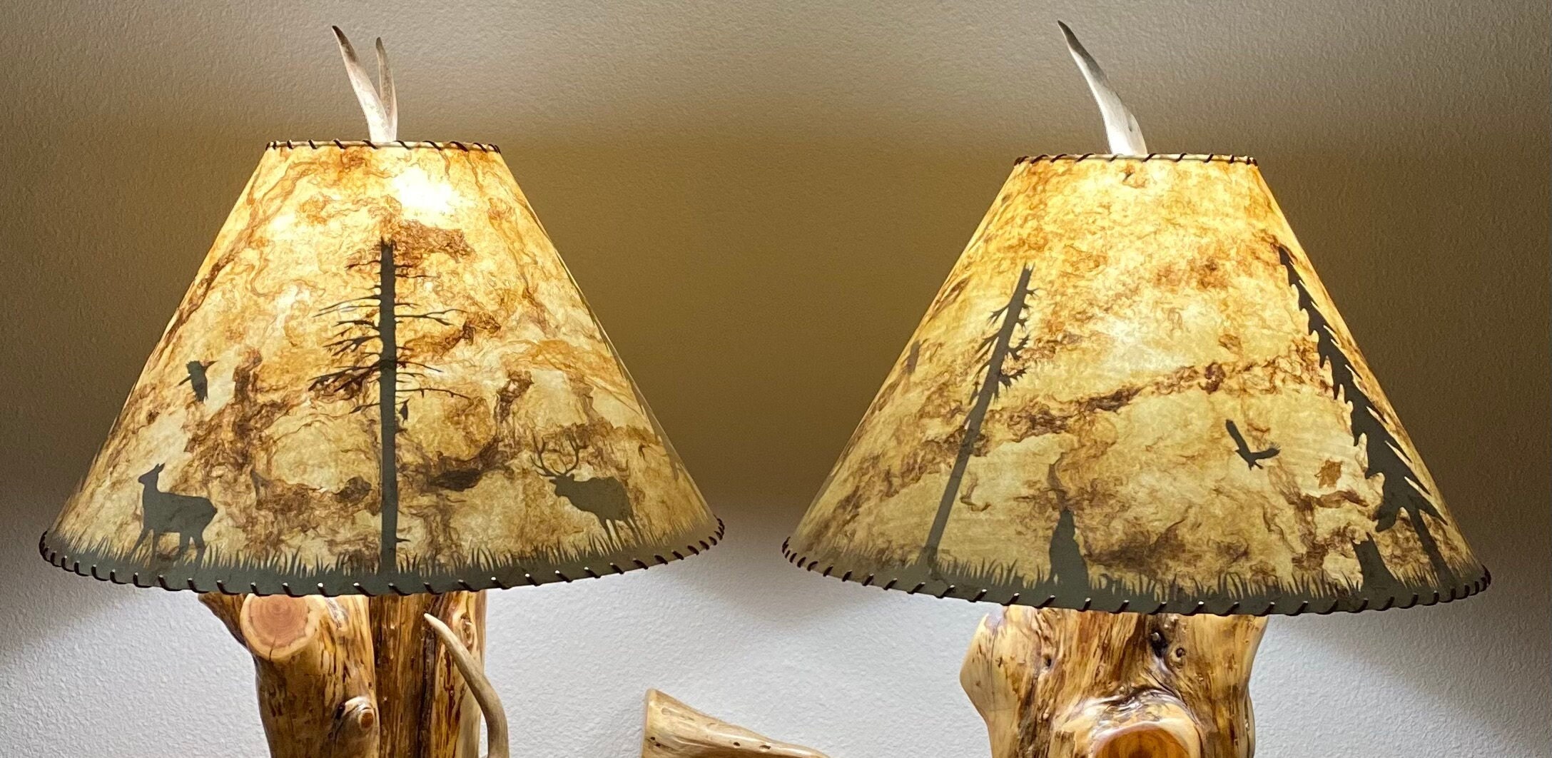 Rustic Cabin Wildlife Deer/elk Scene 21' Lampshade With Wooden Buttons ...