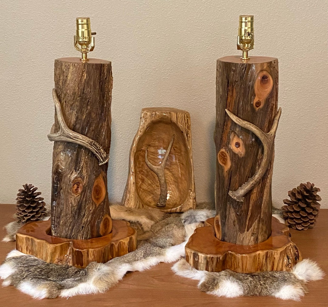 Rustic Cabin Wood Table Lamps With Antlers - Etsy