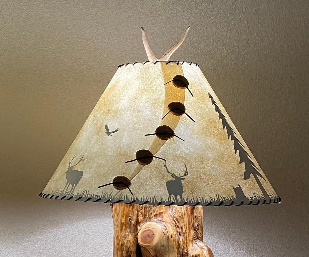 Rustic Cabin Wildlife Elk Scene 21" Lampshade With Wood Buttons and ...