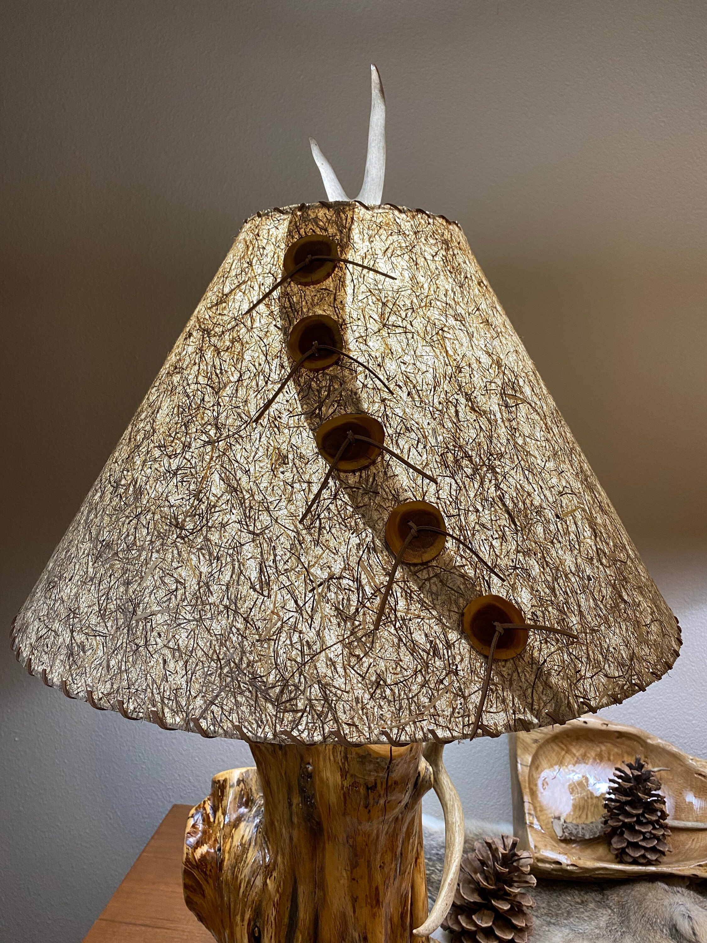 Rustic Cabin 21' Lampshade With Wooden Buttons and Leather Suede Lace ...