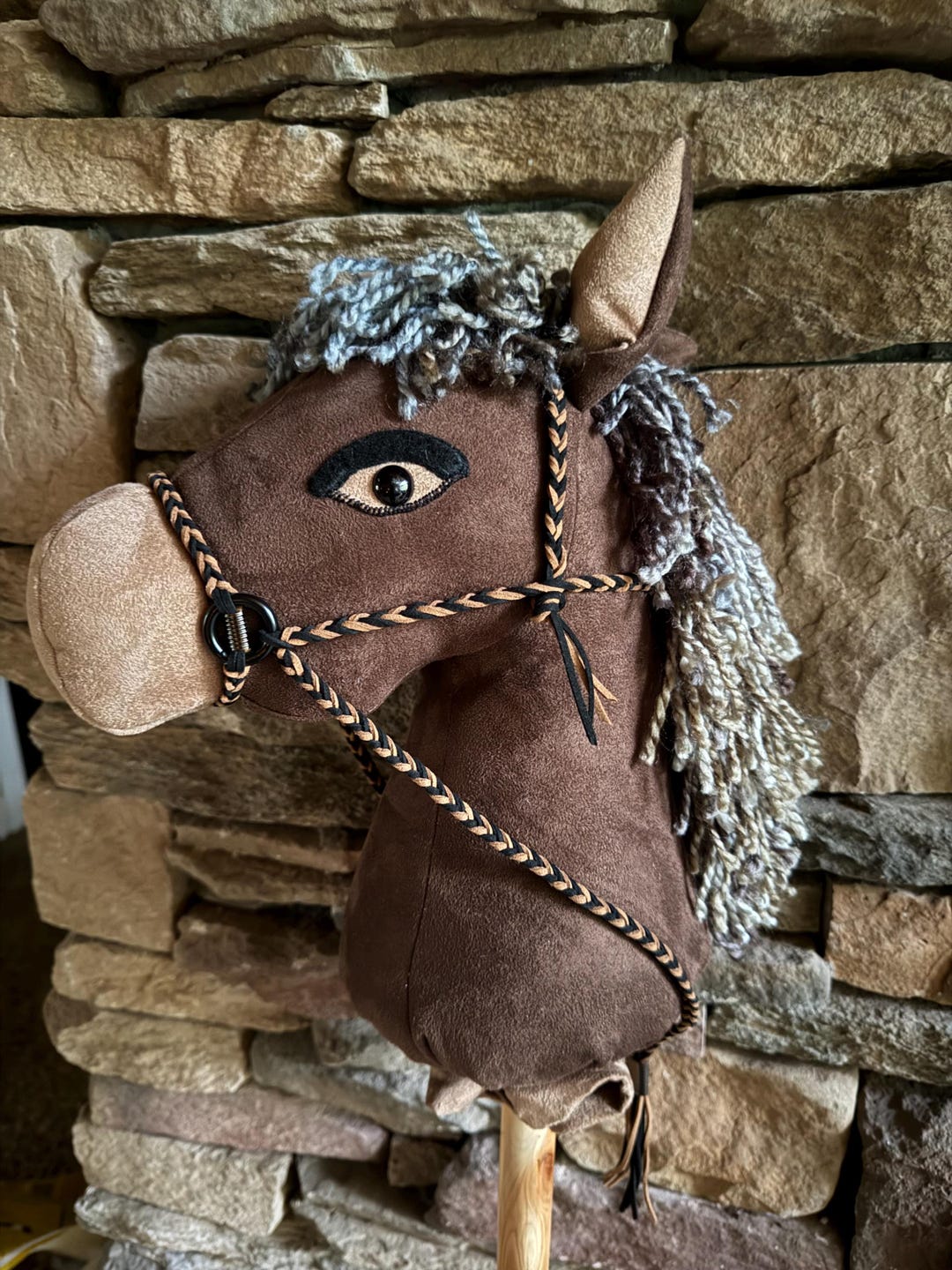 Hobby Stick Horse on a Natural Stick With Leather Braided Reins and a ...