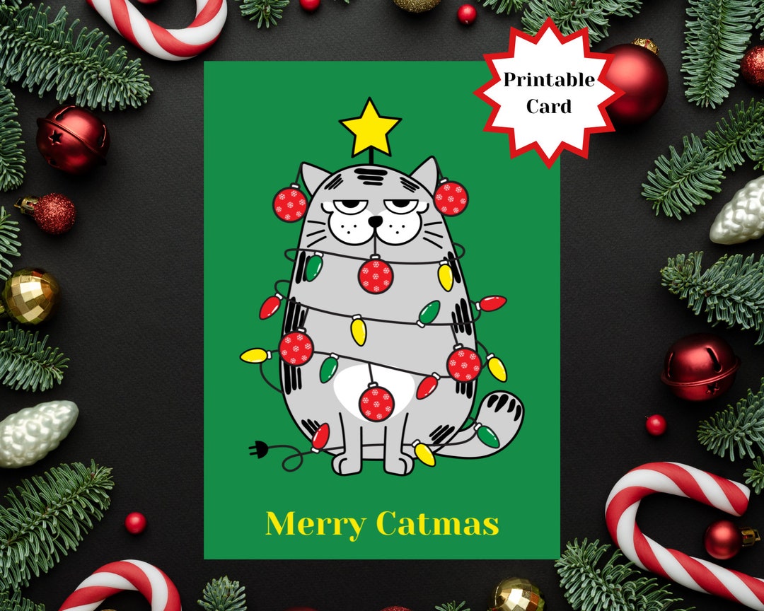 Merry Catmas Card Printable Christmas Greeting Card PDF Download - Etsy