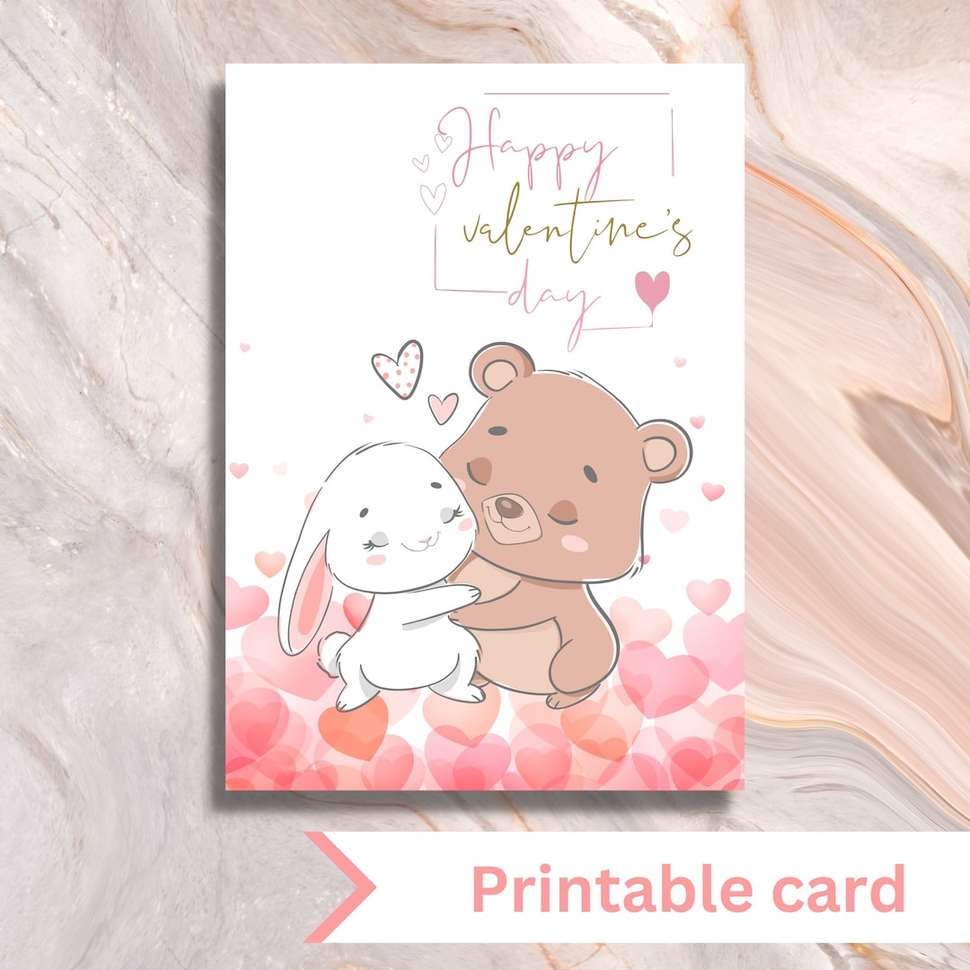 Cute Bunny and Bear Printable Valentine's Day Card, Digital Valentine ...