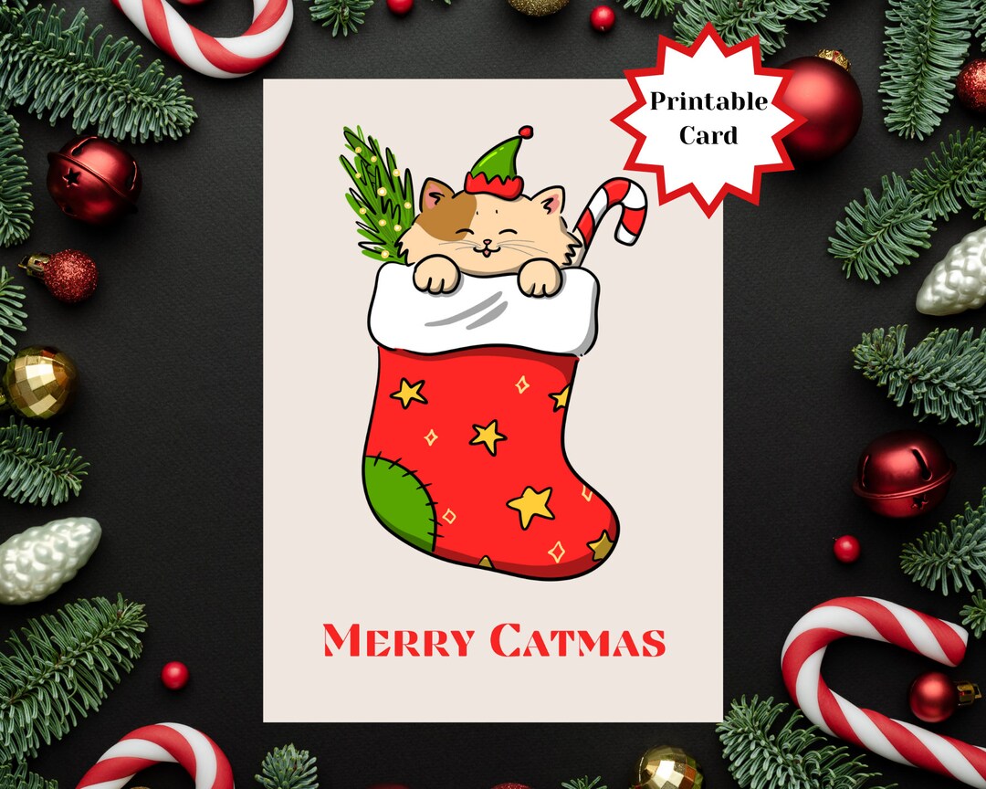 Catmas Gift Card Printable - Merry Christmas Card With Red Cat PDF ...