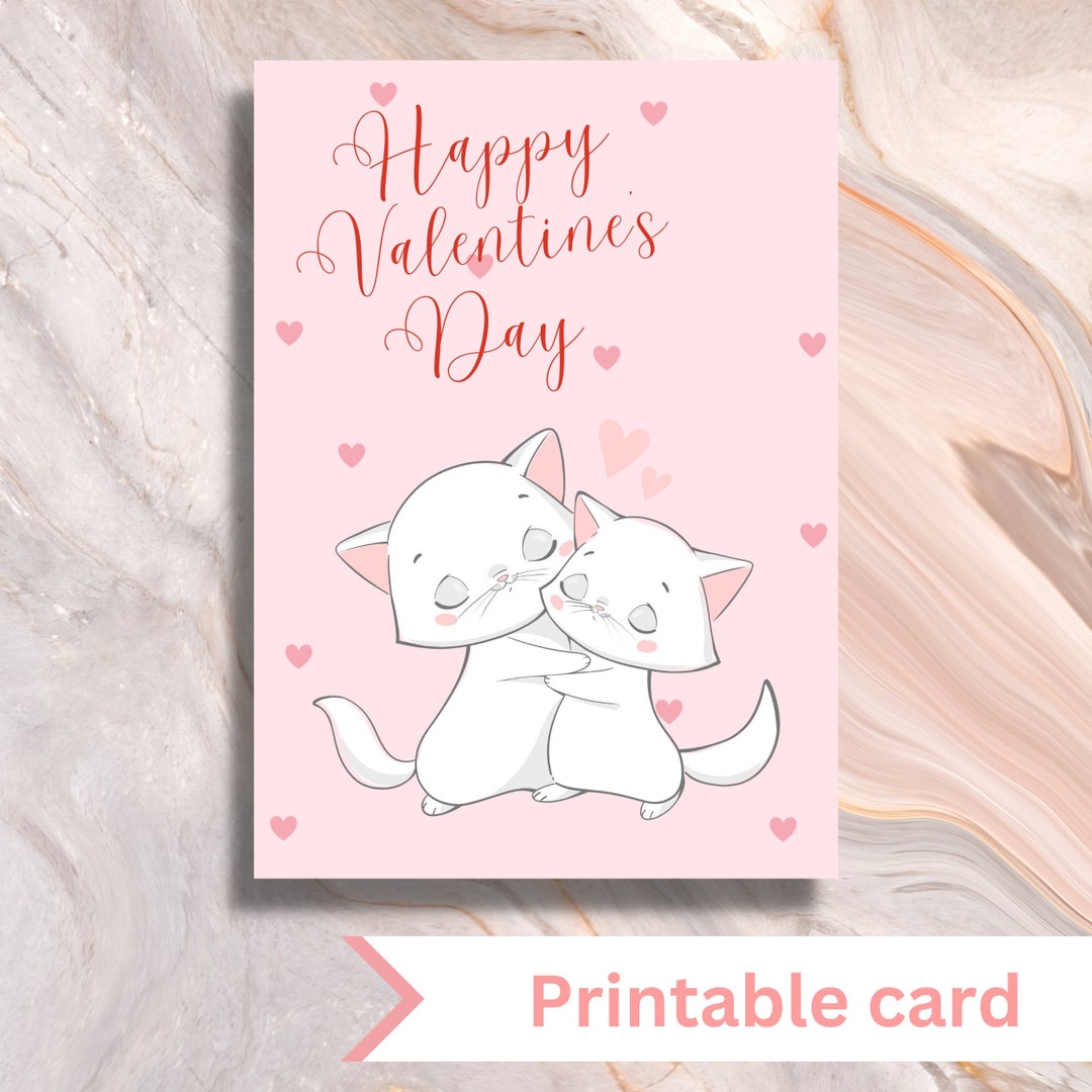 Happy Valentine's Day Digital Card Printable, Cute Cats Card to Print ...