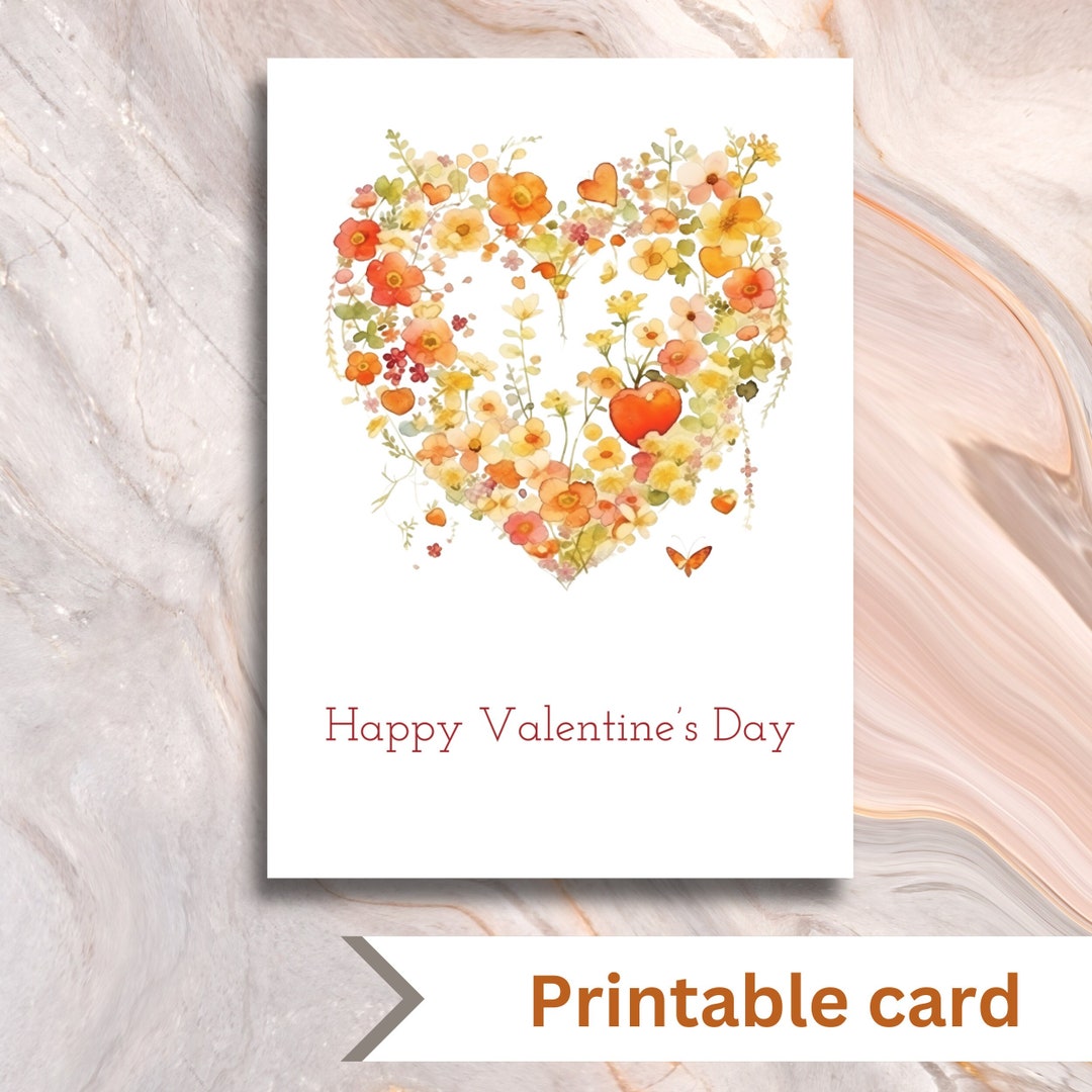 Flower Heart Valentine Printable Card, Happy Valentine's Day Card to ...