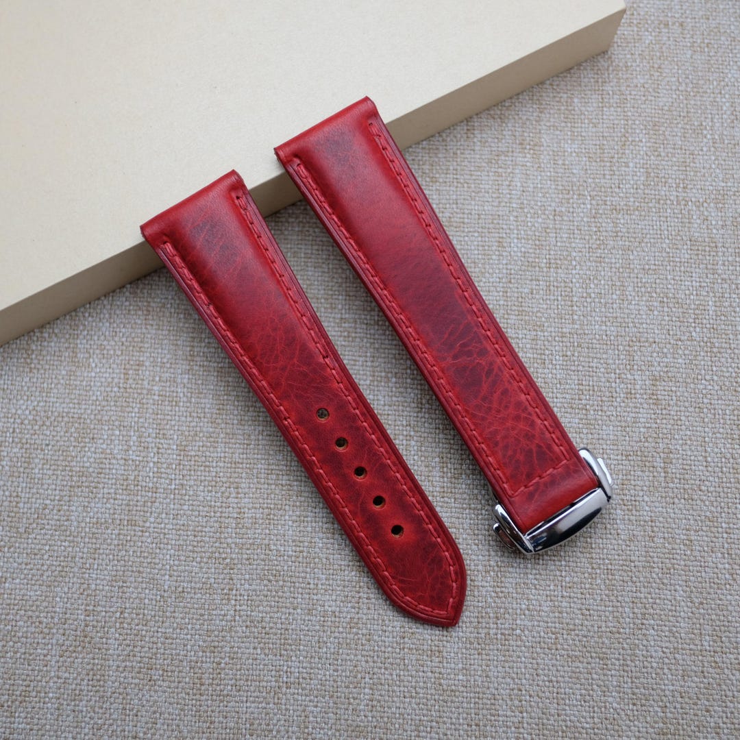 Omega Waxy Red Leather Watch Strap , Handmade Leather Watch Band for ...