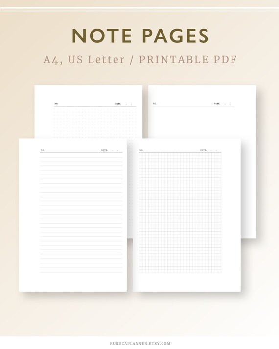 Note Pages Printable Lined Graph Dot Grid Blank Stationery - Etsy