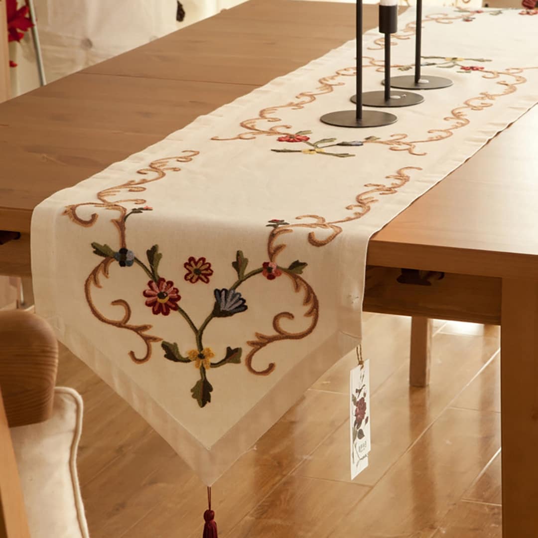 Romantic Flower Abstract Floral Embroidery Cotton Linen Table Runner ...