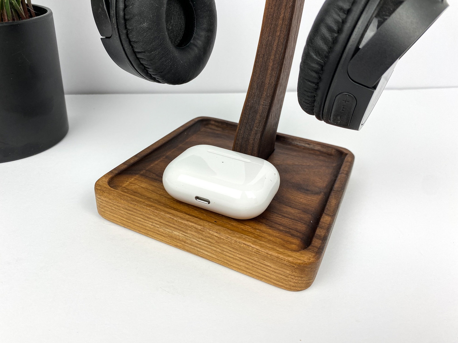 Wood Headphone Stand in Walnut, Wooden Head Phone Dock, Customized ...