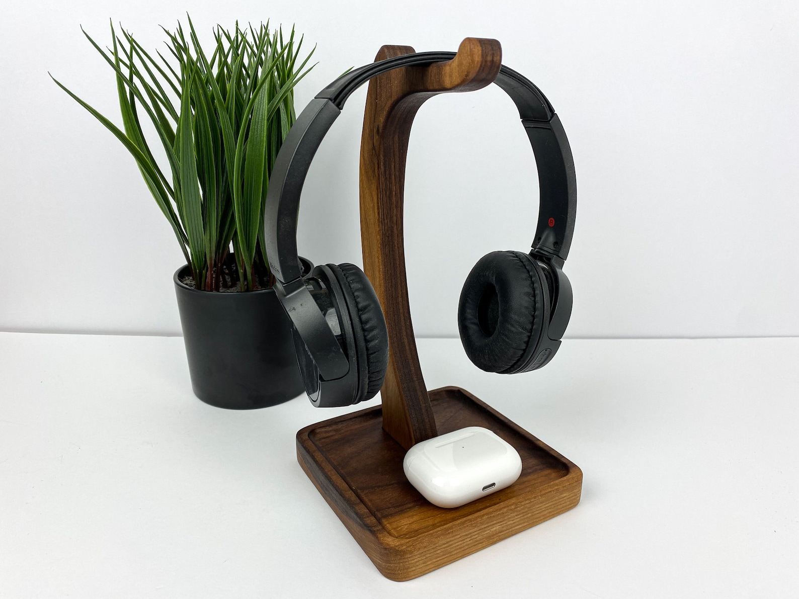 Wood Headphone Stand in Walnut, Wooden Head Phone Dock, Customized ...