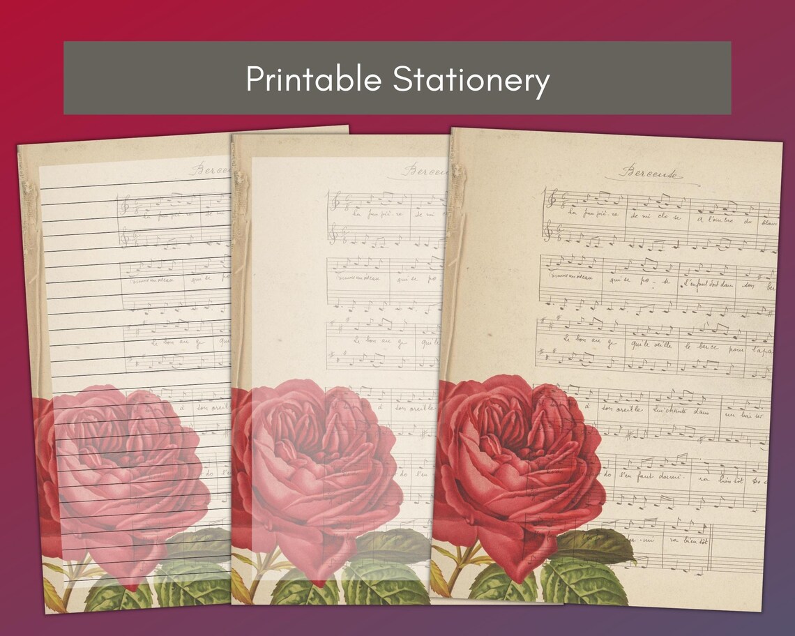 Vintage Rose Printable Journal Paper, Rose Lined and Unlined Stationery ...