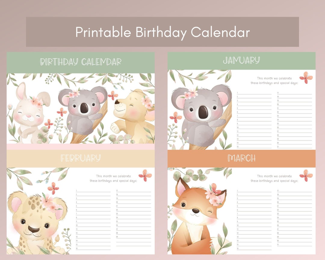Cute Baby Animal Birthday Calendar, Birthday Planner, Printable ...