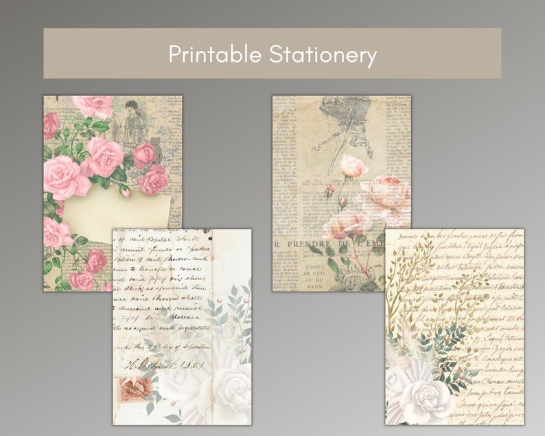 Rose Printable Journal Paper, Vintage Rose Lined and Unlined Stationery ...