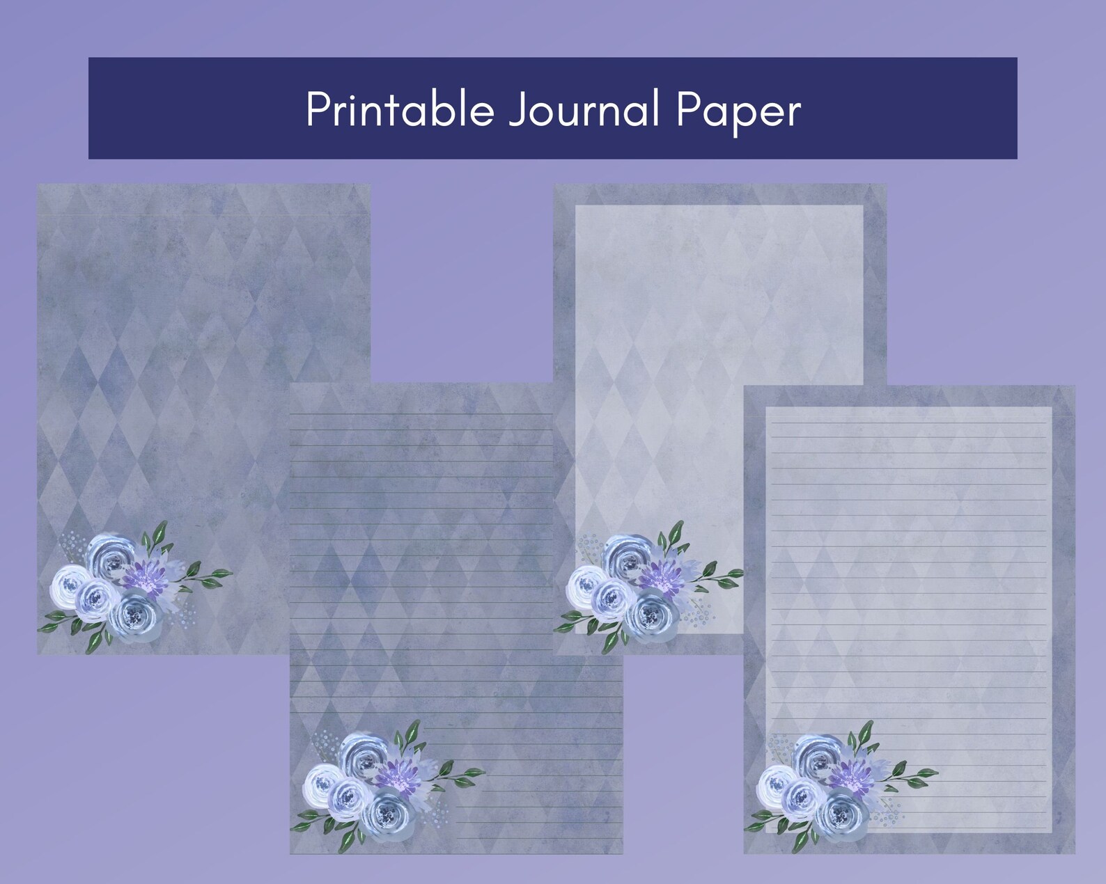 Blue Rose Printable Journal Paper, Rose Lined and Unlined Stationery ...