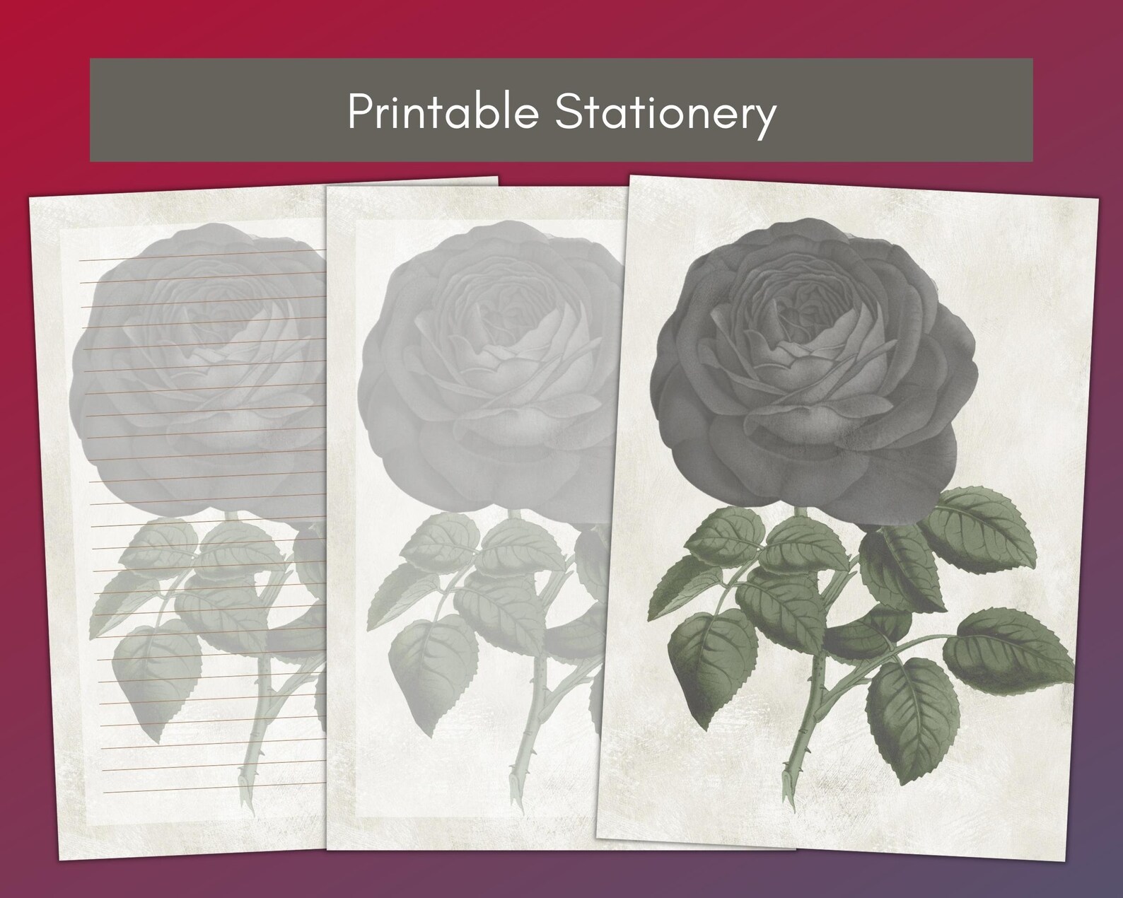 Vintage Rose Printable Journal Paper, Rose Lined and Unlined Stationery ...